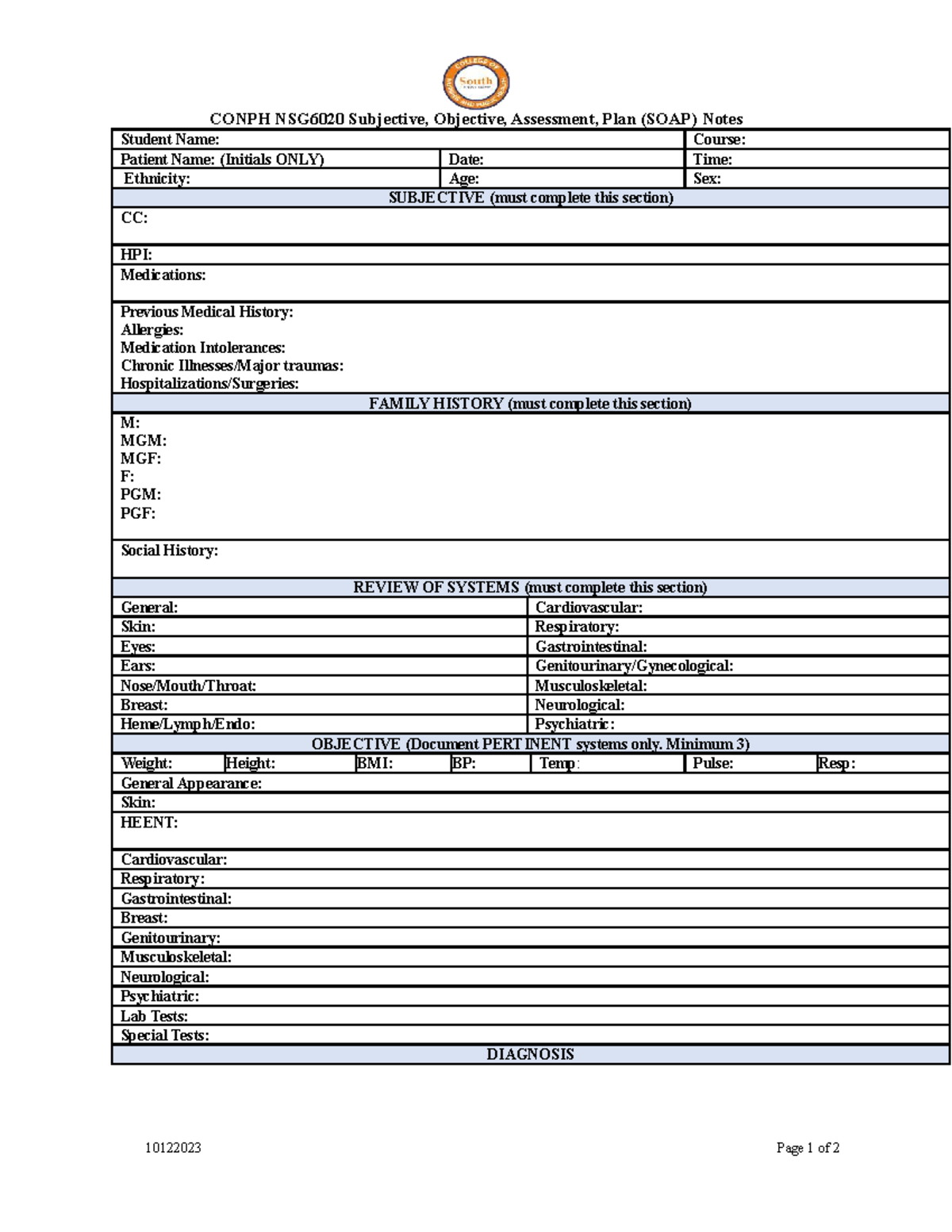 NSG6020 Final Exam SOAP Notes Template for Patient Assessment - Studocu