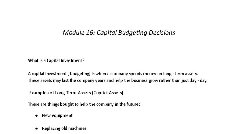 Module 16: Capital Budgeting Decisions and Investment Analysis - Studocu