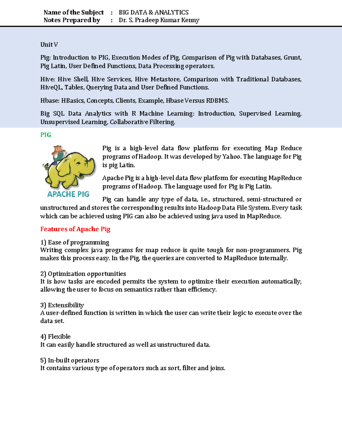 UNIT 5 BDA - Big Data Analytics: PIG, Hive, and HBase Overview - Studocu