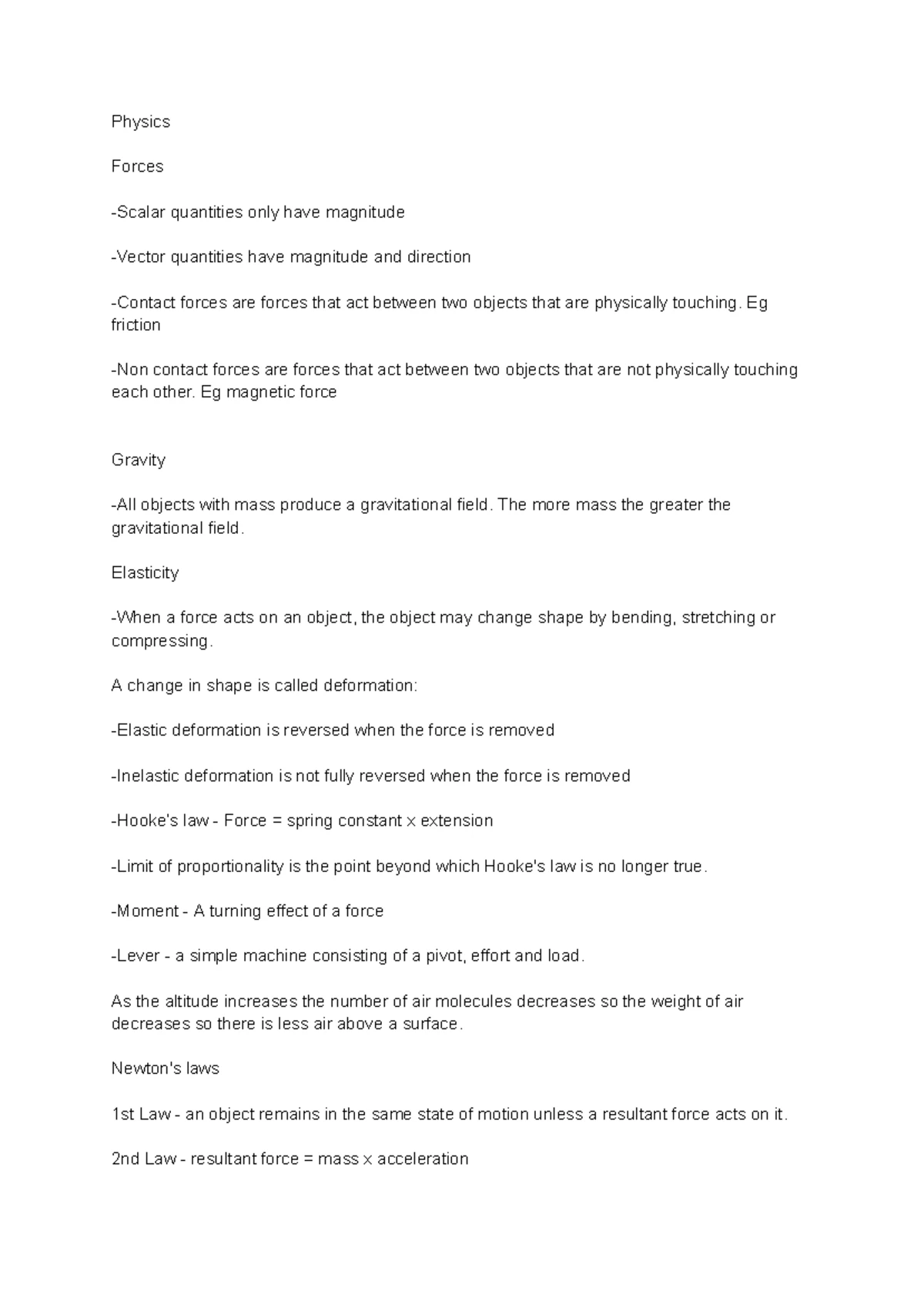 Year 7 Physics Forces - Comprehensive Notes & Experiments Guide - Studocu