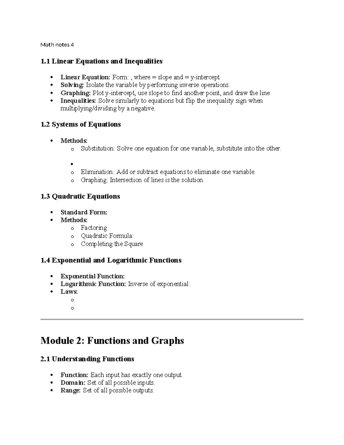 Math Notes 4: Linear Equations, Systems, Quadratics & Functions - Studocu