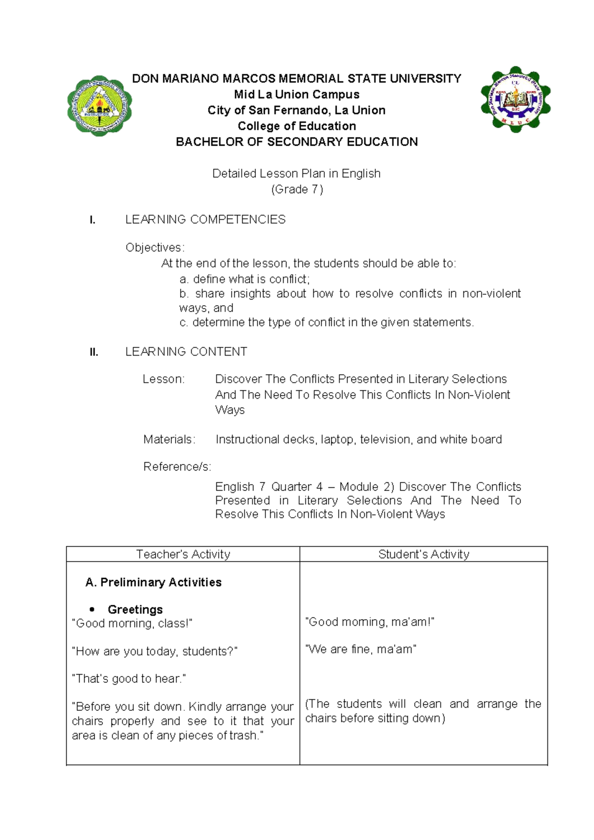 Detailed Lesson Plan in English 7: Understanding Conflicts - Studocu