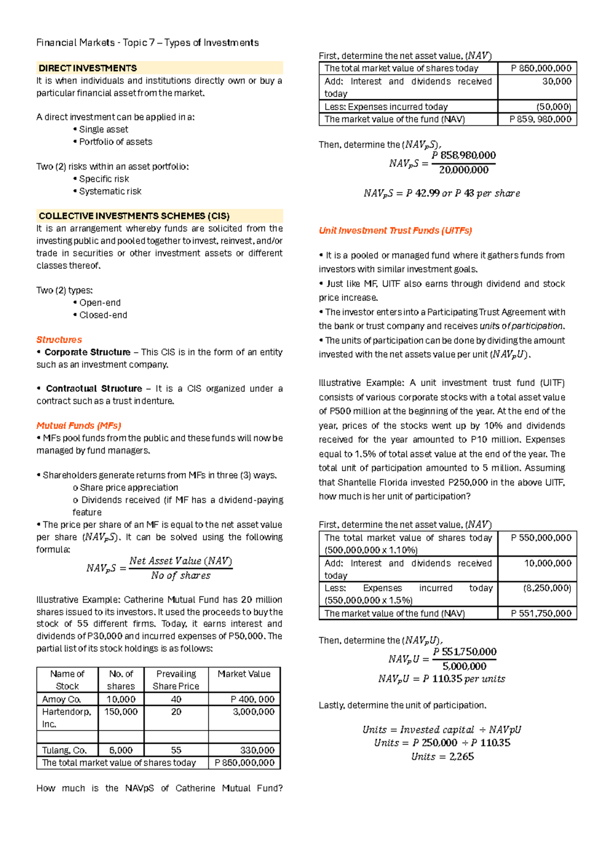 Financial Markets Topic 7: Direct Investments & Collective Investment ...