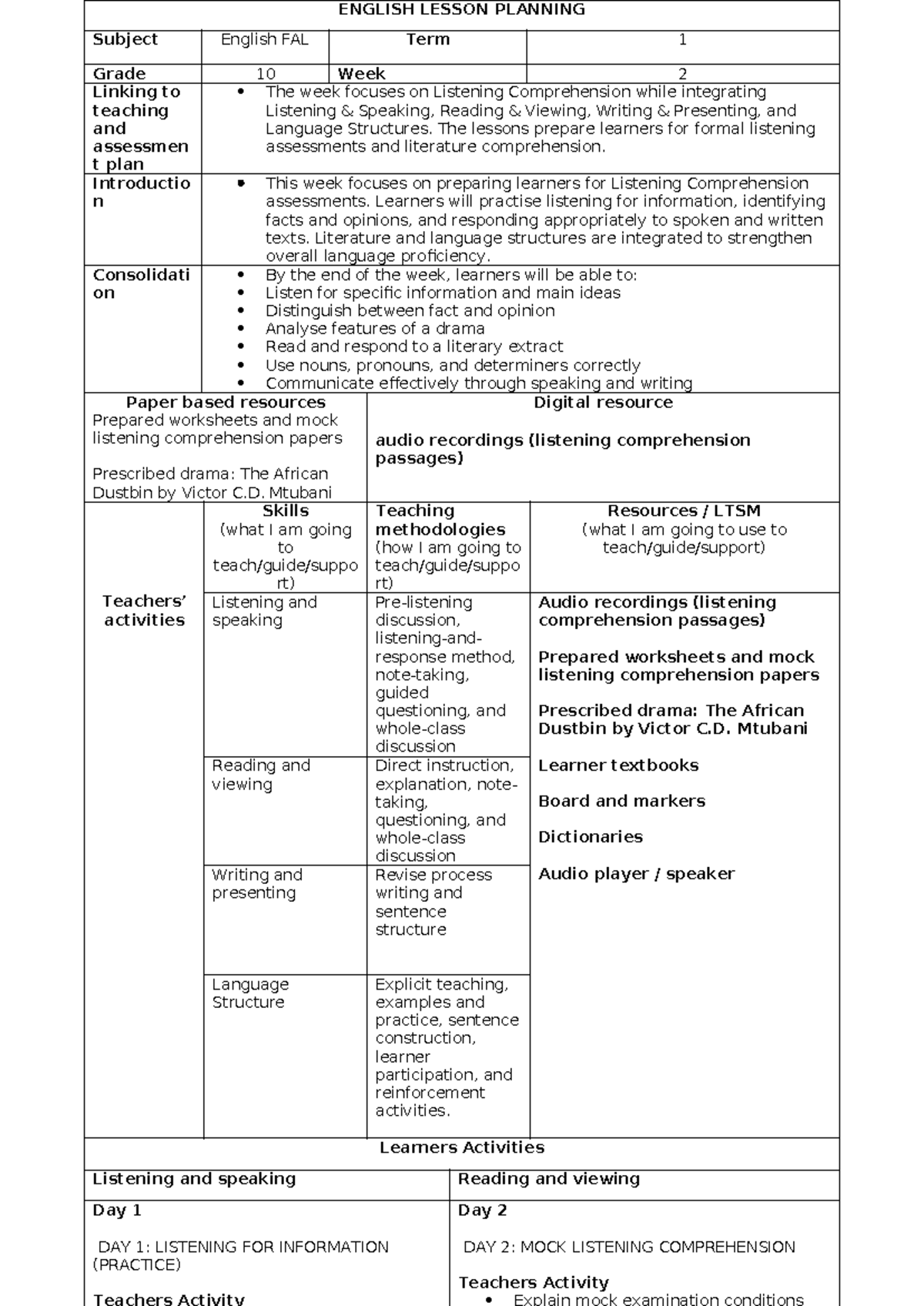 ENGLISH FAL GRADE 10 LESSON PLAN WEEK 2: LISTENING COMPREHENSION - Studocu