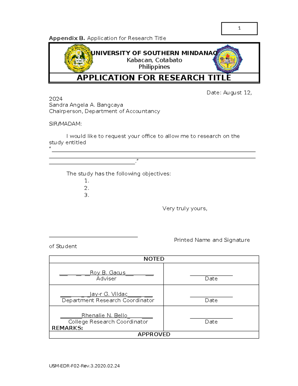 USM EDR F02 Rev.3.2020 - Research Title Application Form - Studocu