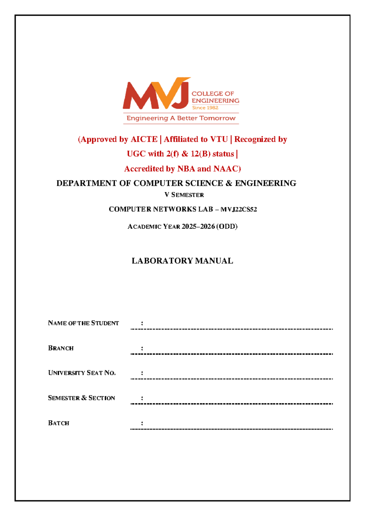 MVJ22CS52 Computer Networks Lab Manual - V Semester - Studocu