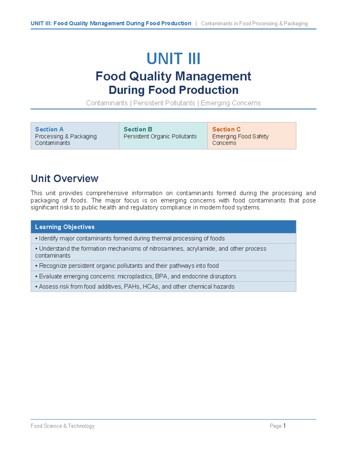 Unit III: Food Quality Management - Contaminants in Food Processing and ...