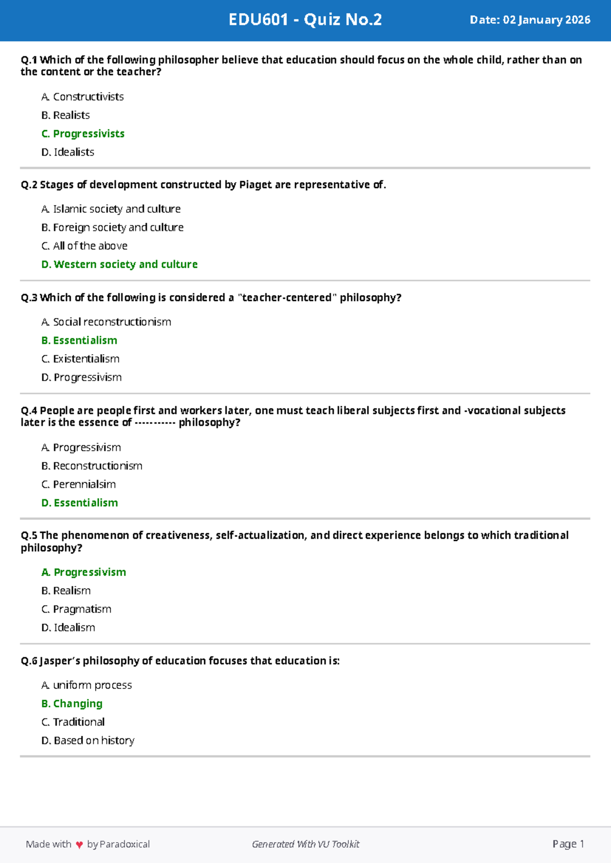 EDU601 Quiz No.2: Philosophers and Educational Theories - Studocu