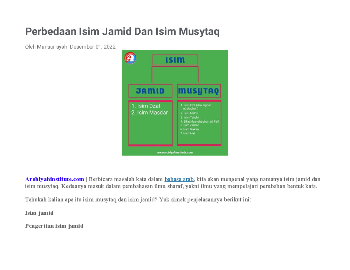 Perbedaan Isim Jamid dan Isim Musytaq dalam Bahasa Arab - Studocu