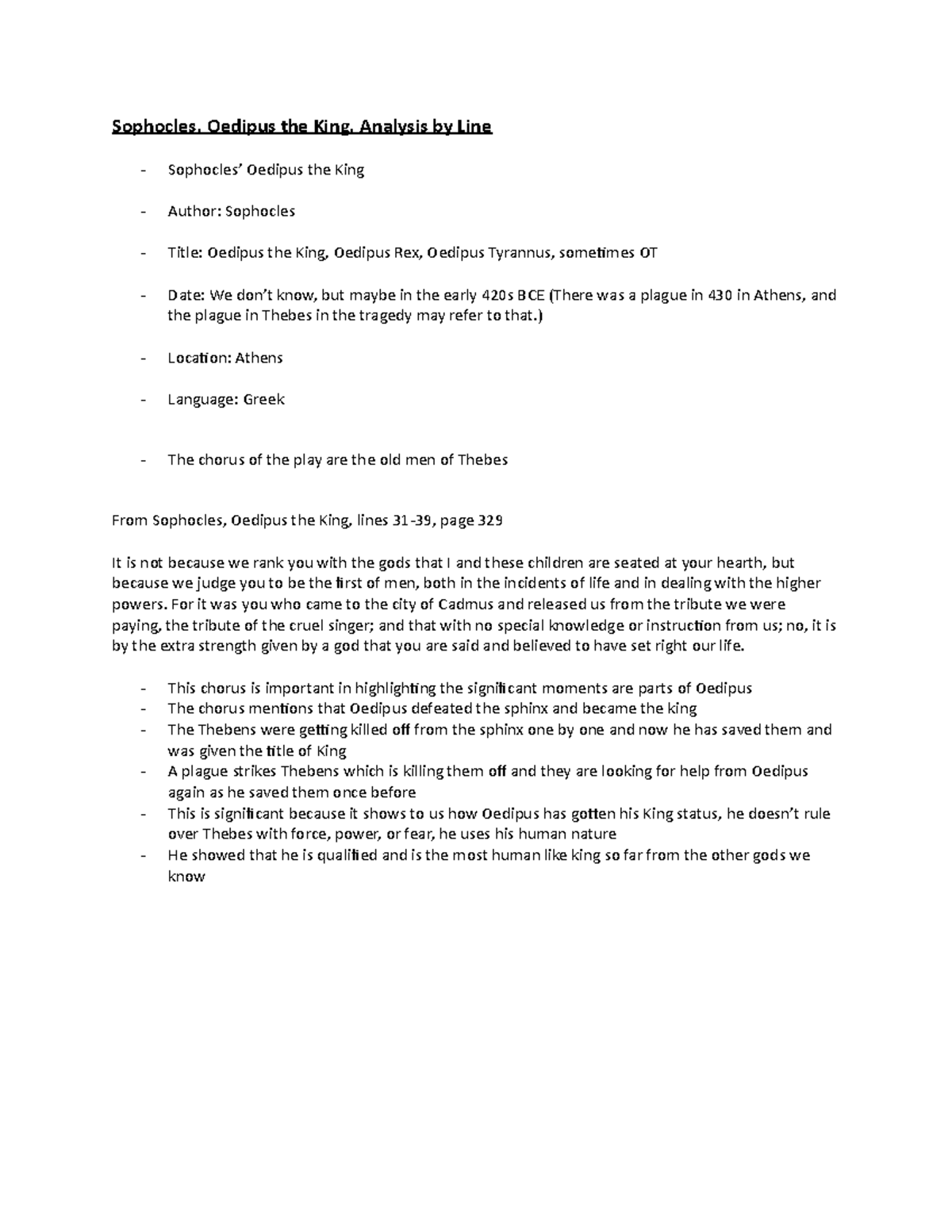 Sophocles, Oedipus the King: In-Depth Line Analysis (ENG 101) - Studocu