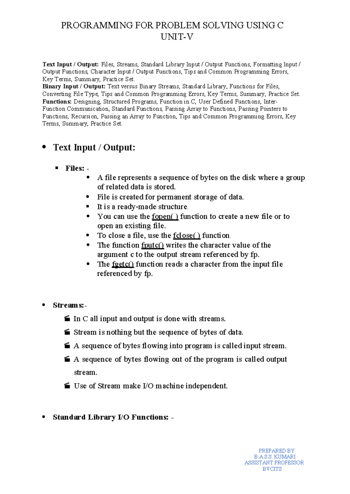 C Programming for Problem Solving: Input/Output & Functions (CS101) - Studocu
