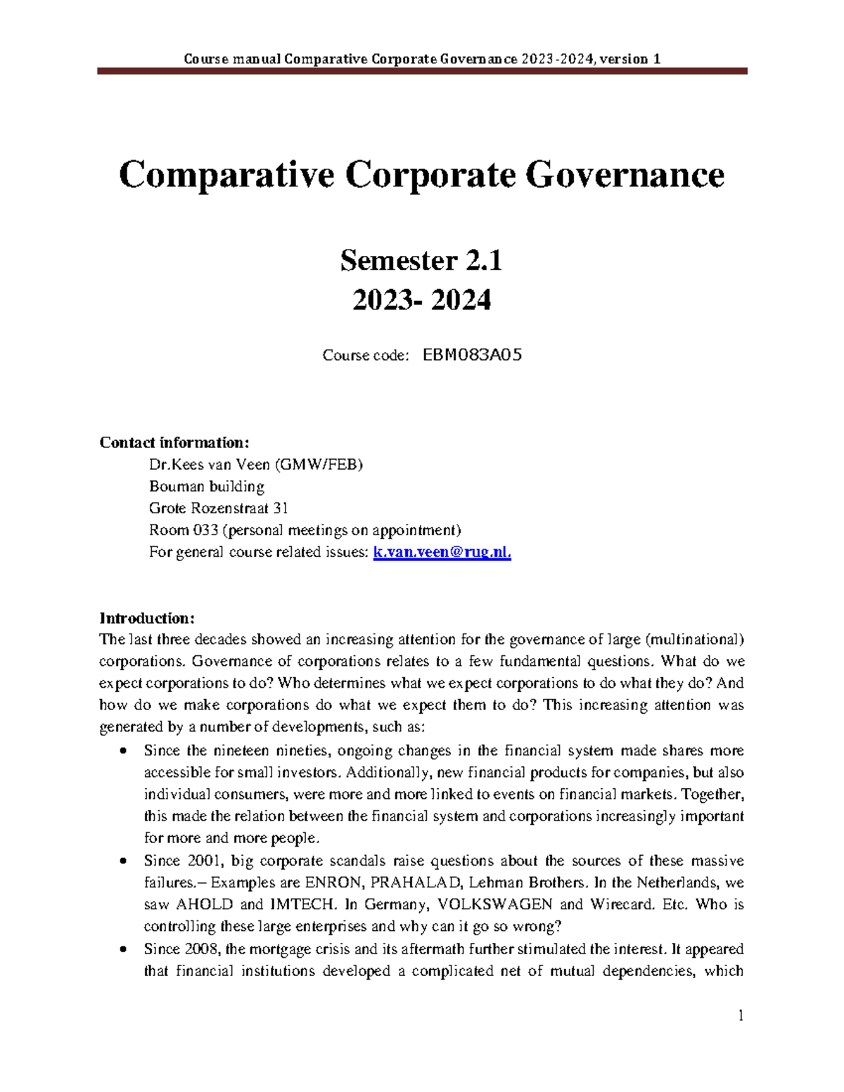 Course manual CCG 2 1 2023 2024 - Comparative Corporate Governance Semester 2. 2023 - 2024 ...