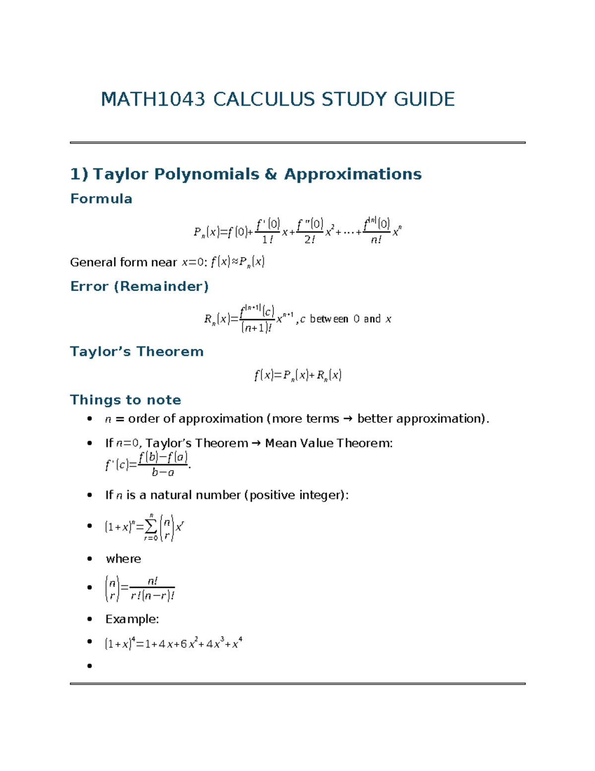 MATH1043 CALCULUS STUDY GUIDE: Taylor Polynomials & Series - Studocu
