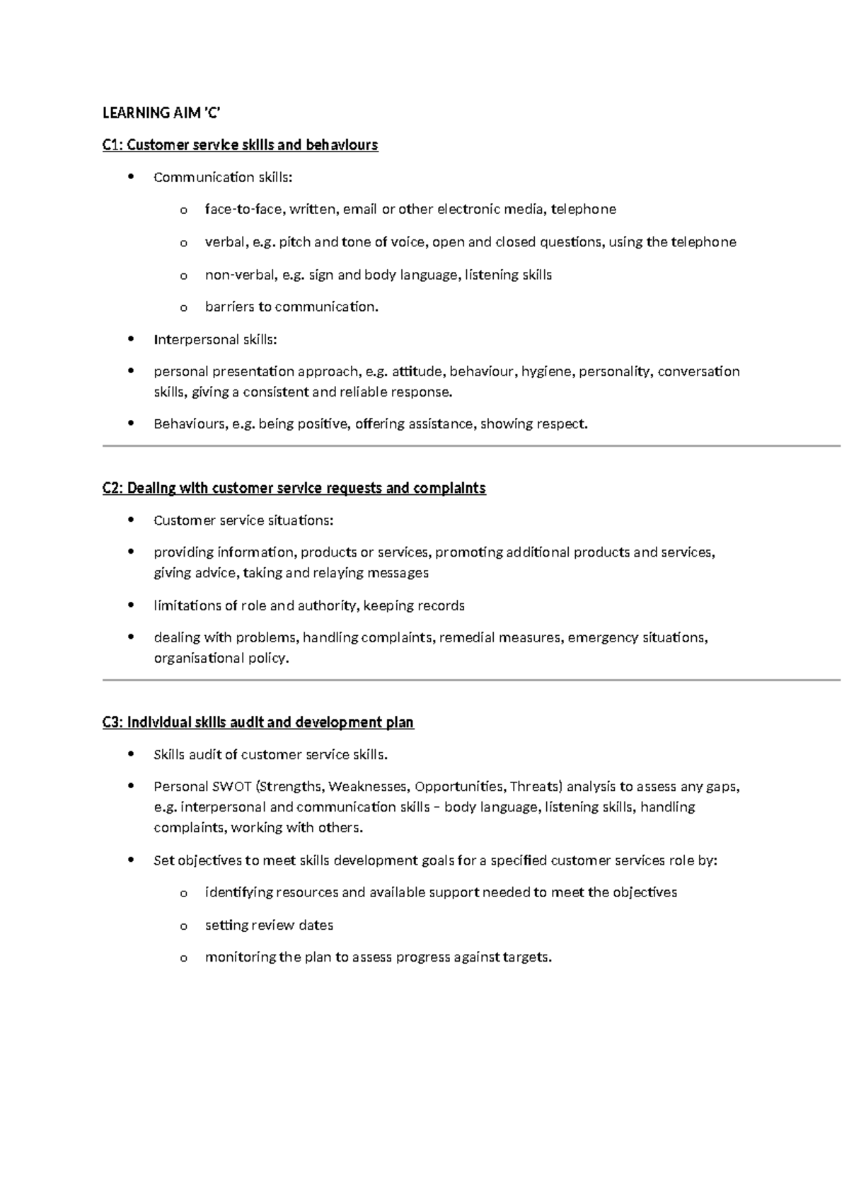 Learning Aim C - Unit 14: Customer Service Skills & Development Plan ...