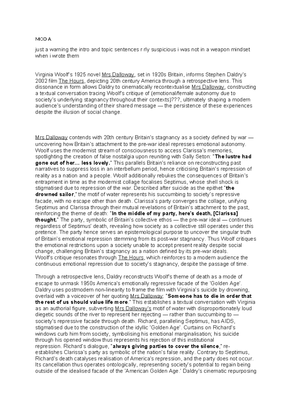 MOD A - Essay Draft: Analyzing Mrs Dalloway and The Hours - Studocu