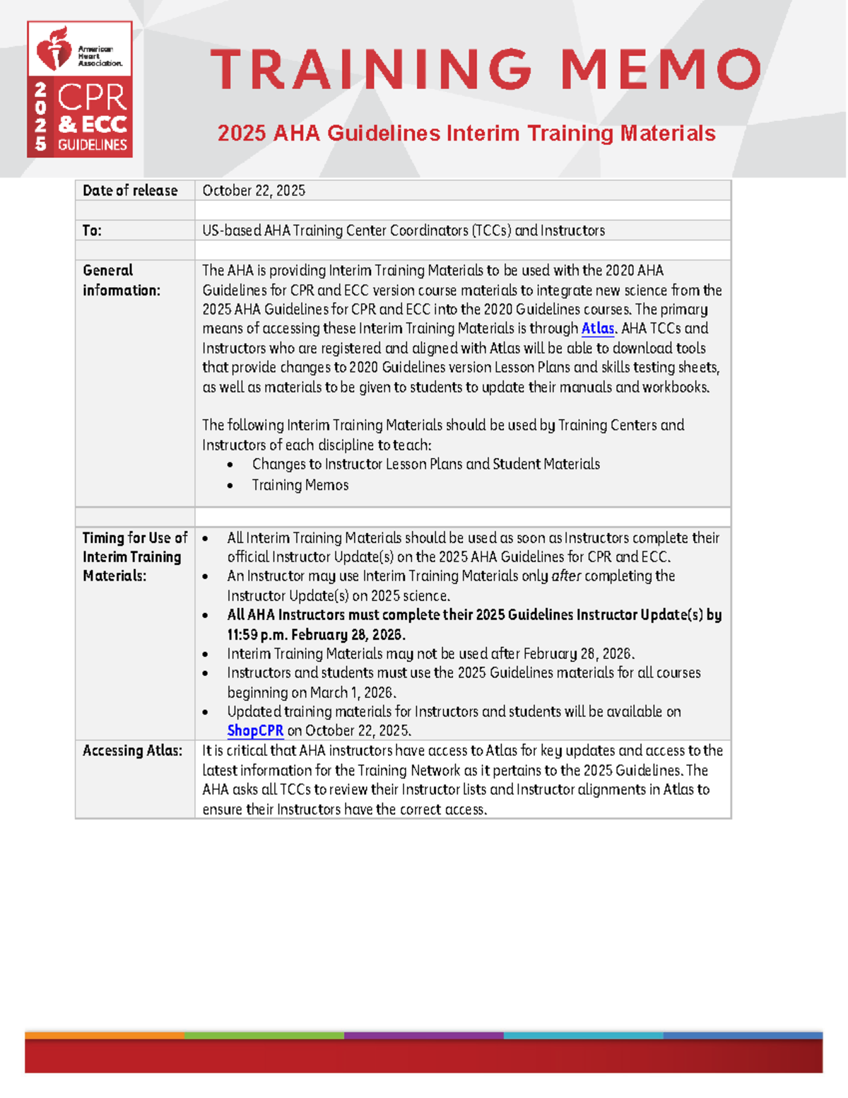 Training Memo: 2025 AHA Guidelines Interim Materials for Instructors ...
