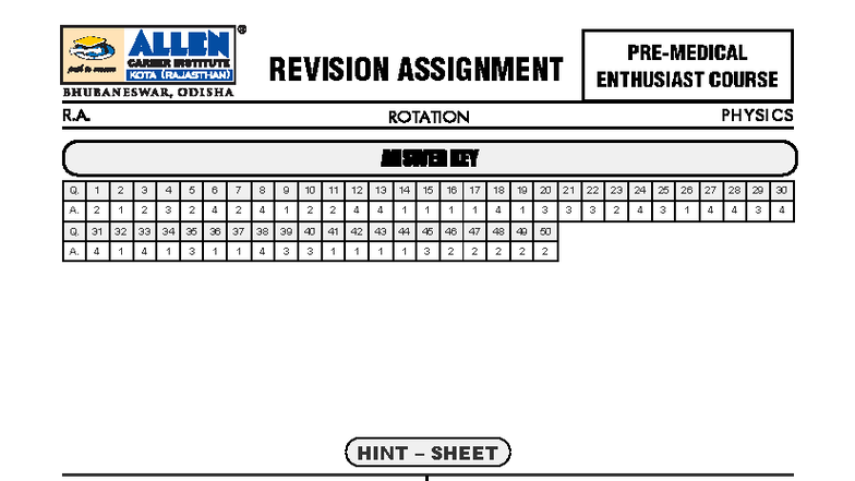 Physics Revision Assignment R.A. - Rotation Answer Key - Studocu