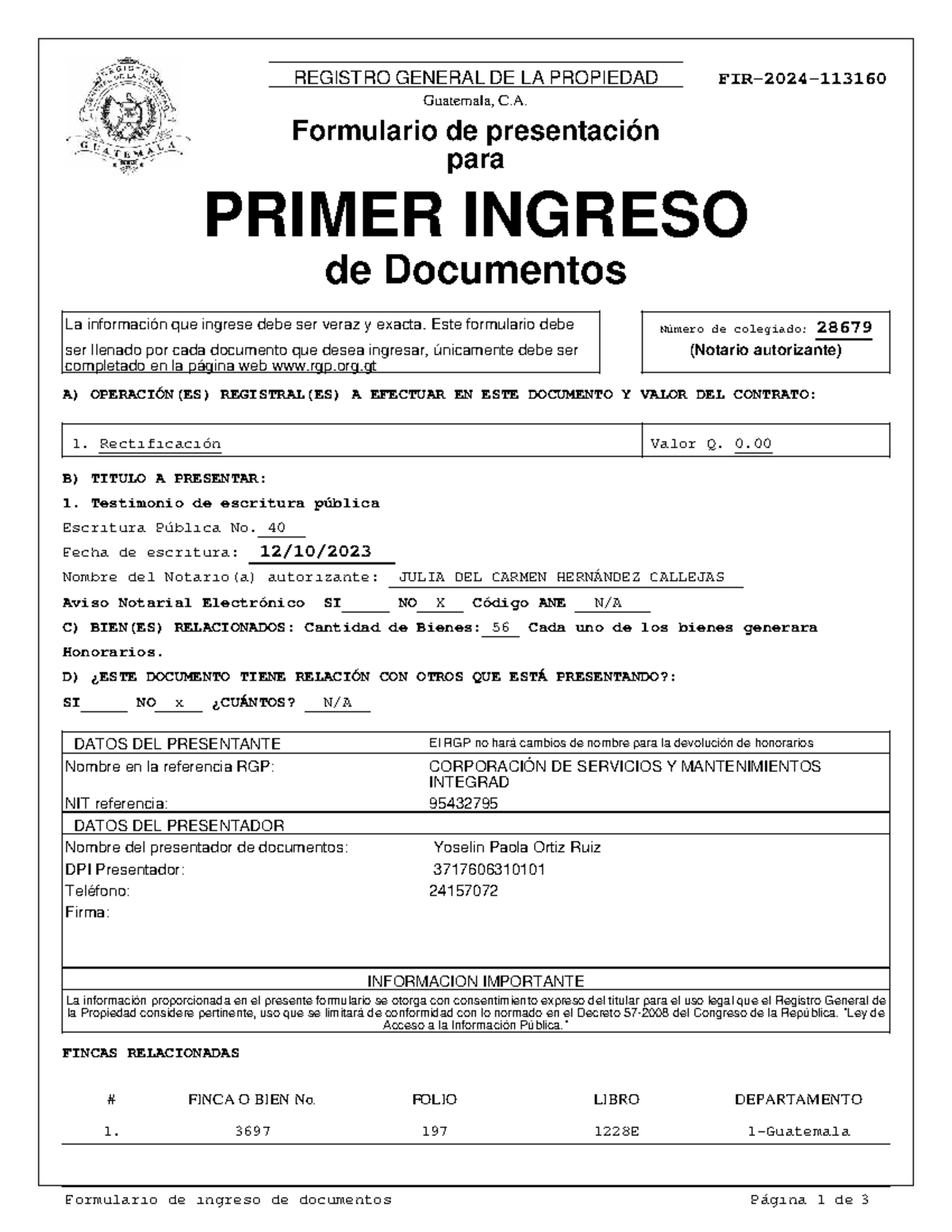 Formulario de Presentación para PRIMER INGRESO - FIR-RGP - Studocu