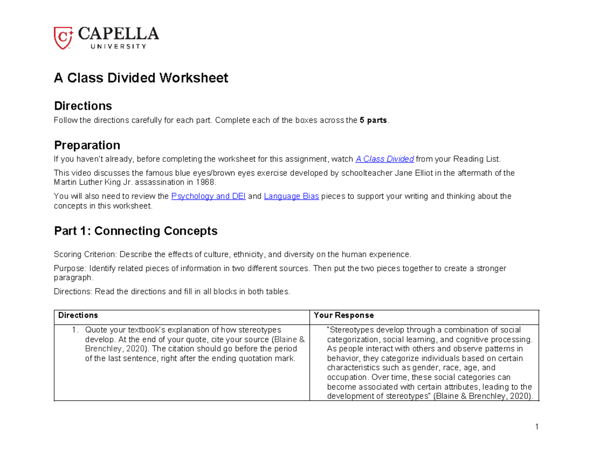 A Class Divided Worksheet: Analyzing Stereotypes and Biases - Studocu