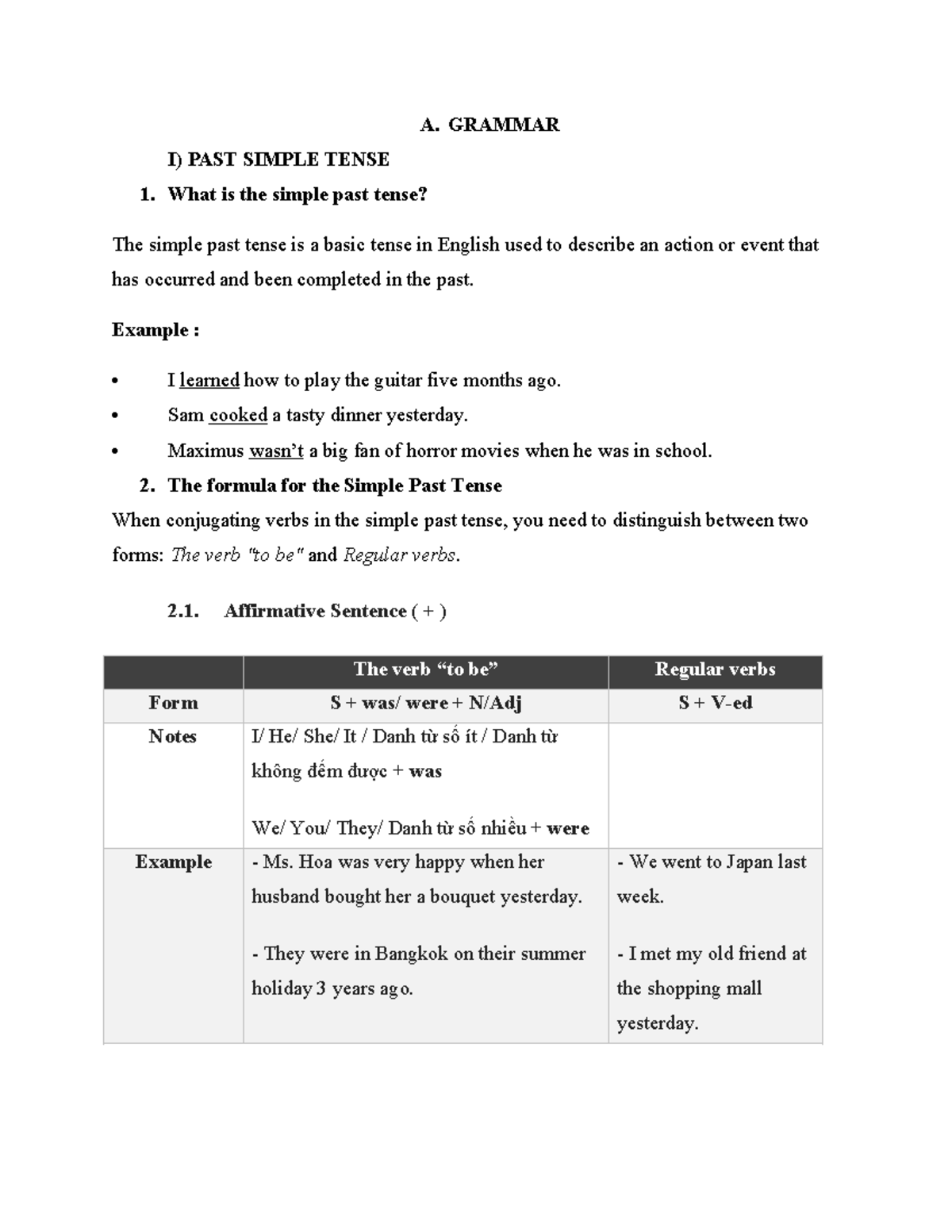 Grammar - Past Simple Tense Overview and Usage - Studocu