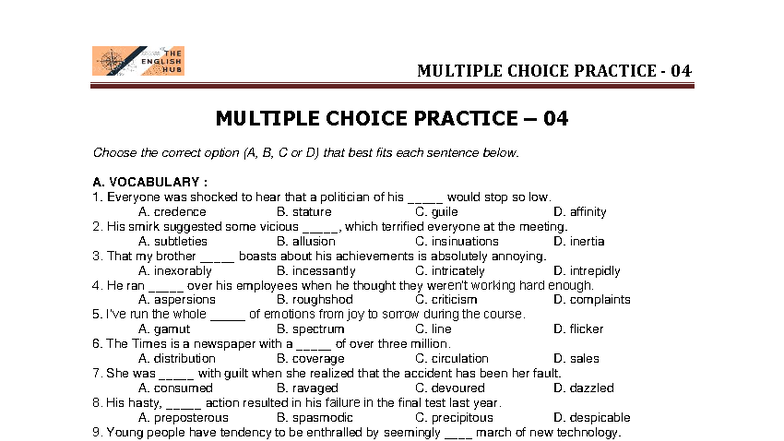 MULTIPLE CHOICE PRACTICE 04: Vocabulary, Grammar, Idioms & Collocations ...