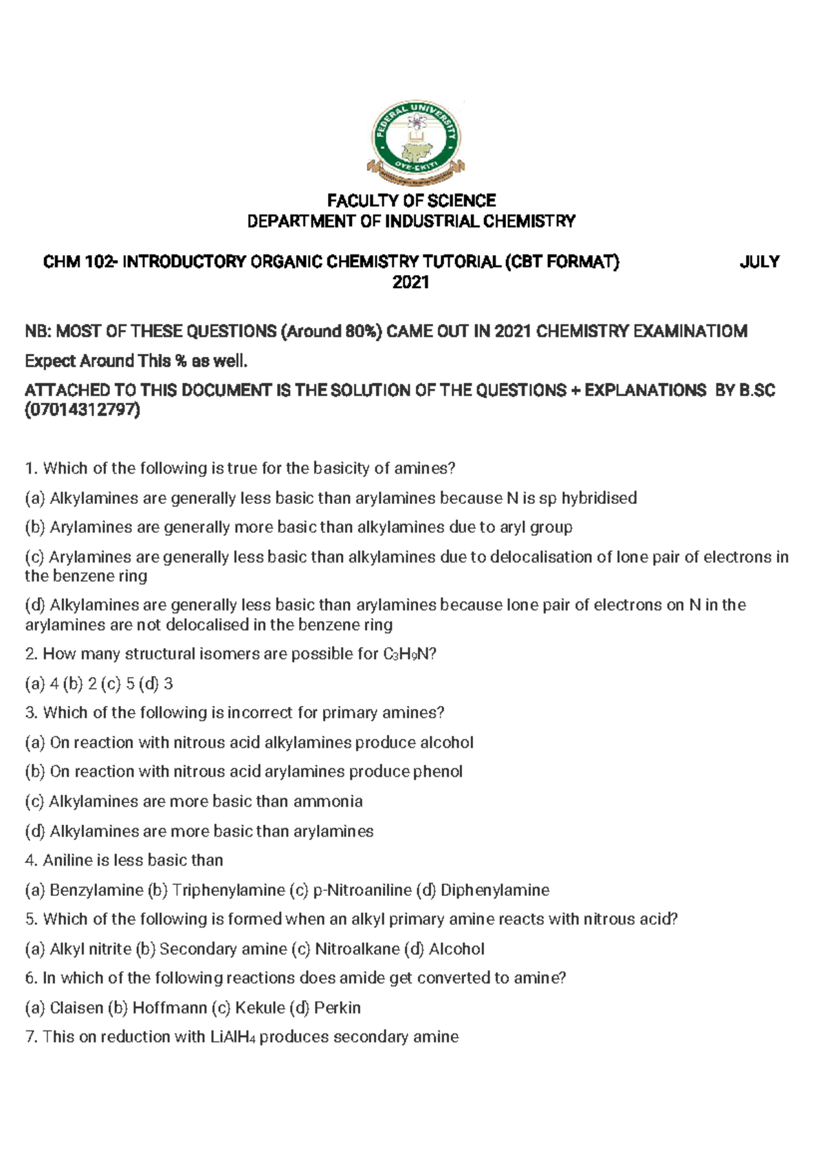 CHM 102 - Introductory Organic Chemistry Tutorial Questions (2021 ...