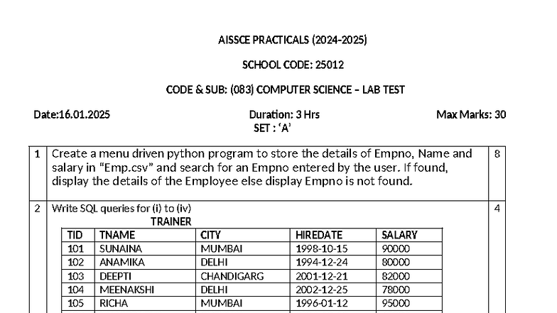SET A - Computer Science Lab Test (083) Practical Guide - Studocu