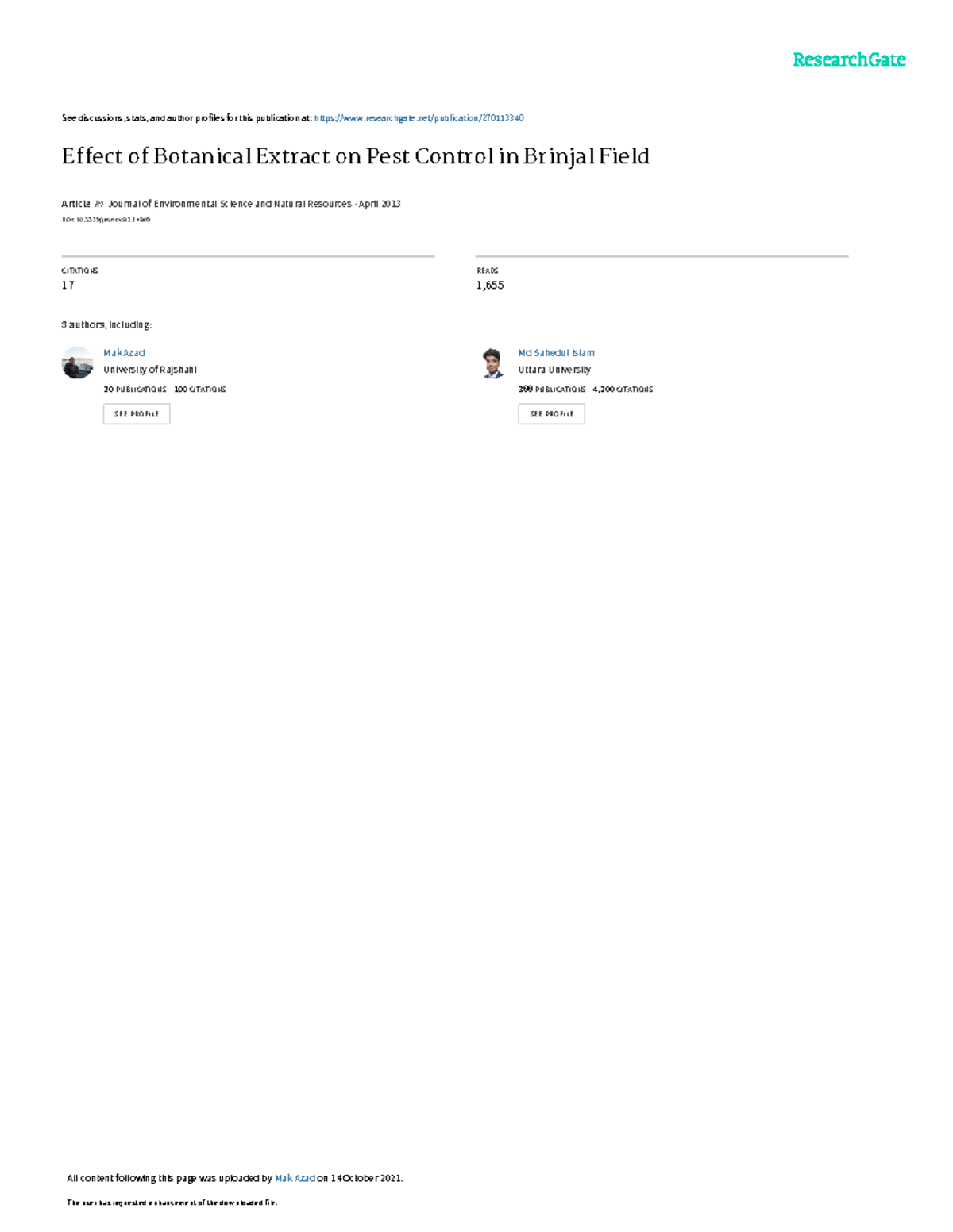 Effect of Botanical Extracts on Pest Control in Brinjal Field (ENV 101 ...