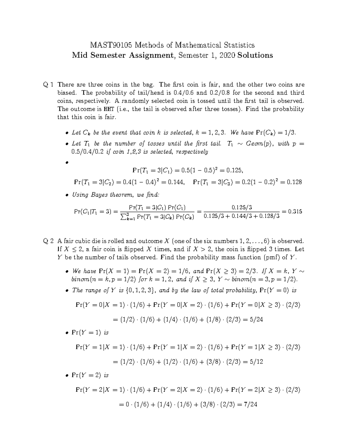 MAST90105 Methods of Mathematical Statistics Mid Semester Assignment 2 ...