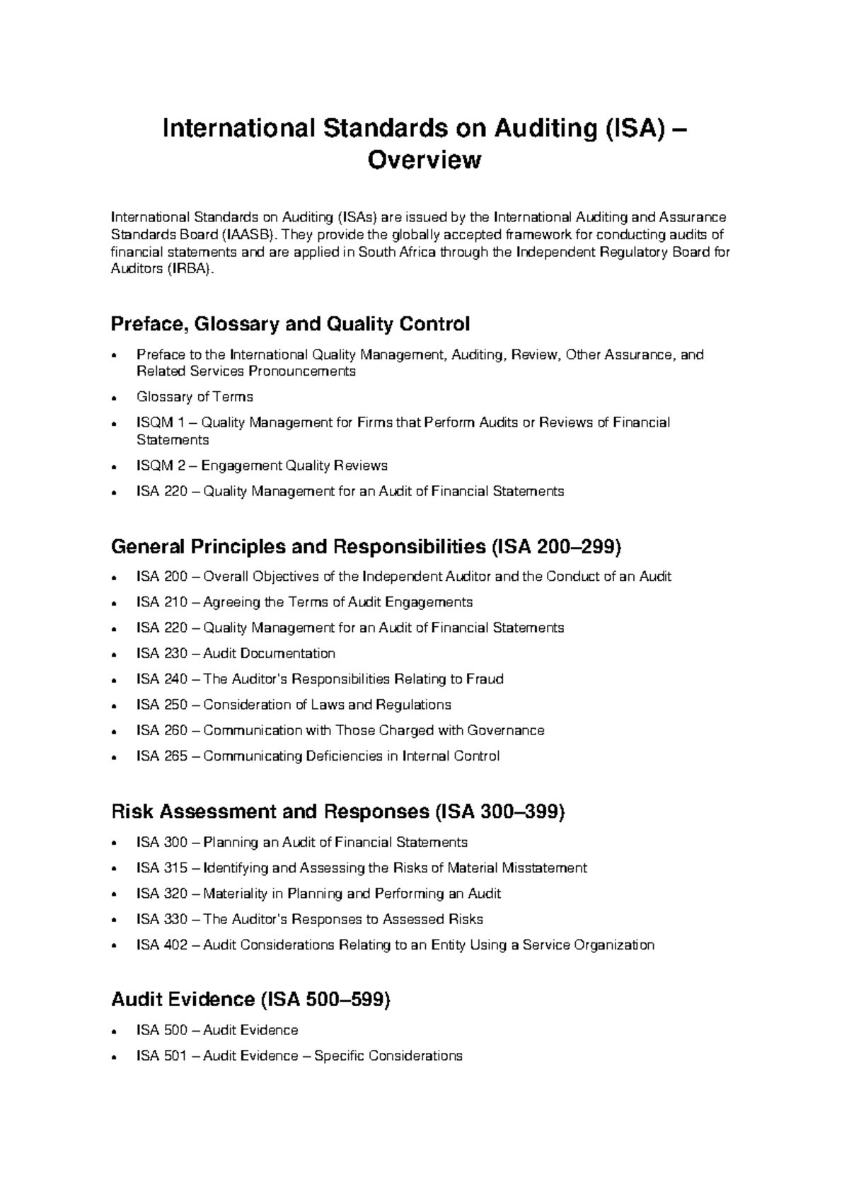 International Standards on Auditing (ISA) Overview and Key Concepts ...