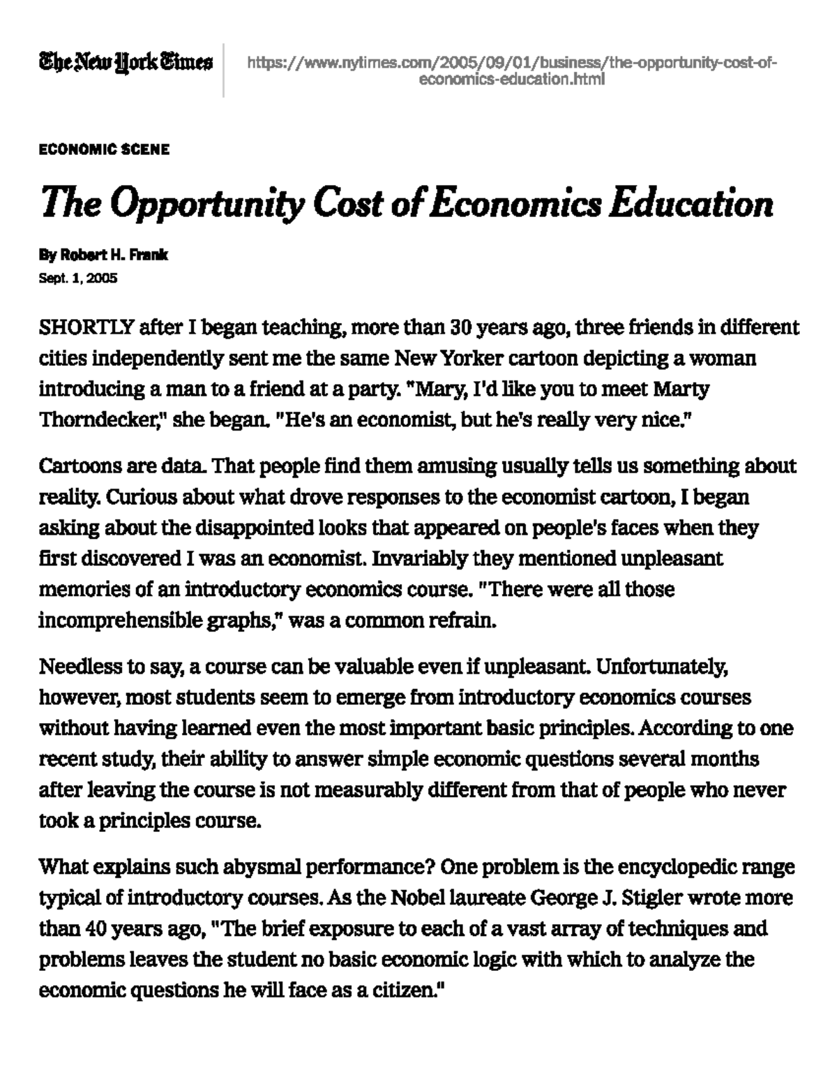 ECON 101: The Opportunity Cost of Economics Education - NYT Article ...