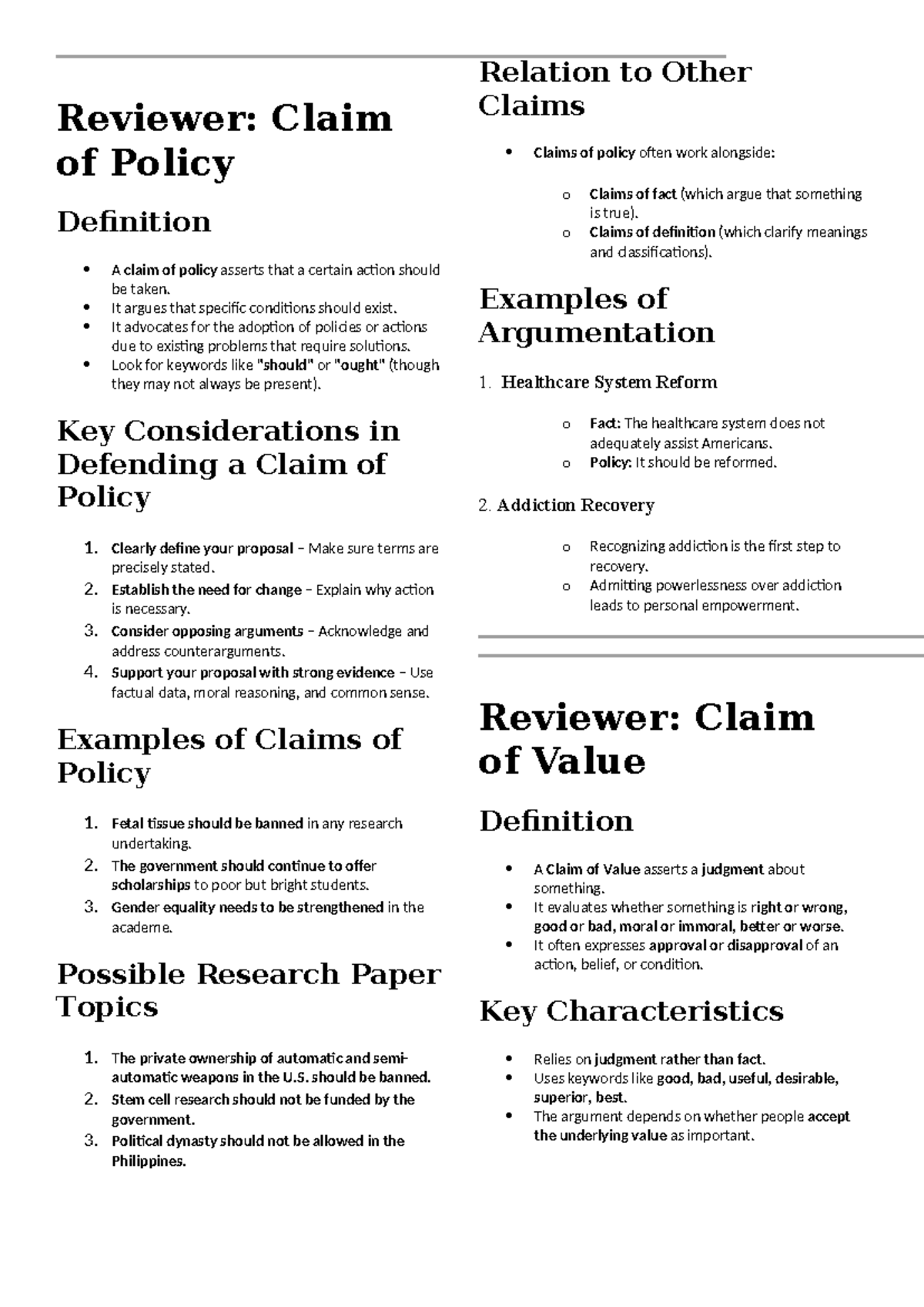 Research Notes on Claims of Policy and Value: Key Considerations and ...