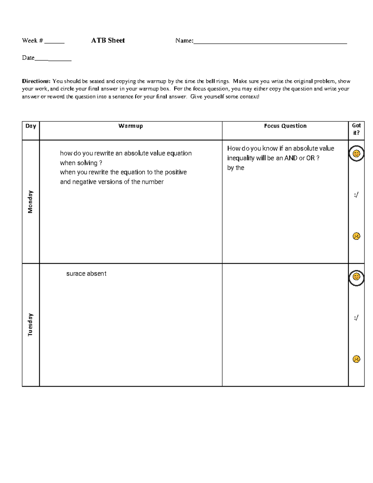 ATB Sheet Directions for Warmup and Focus Questions - Studocu