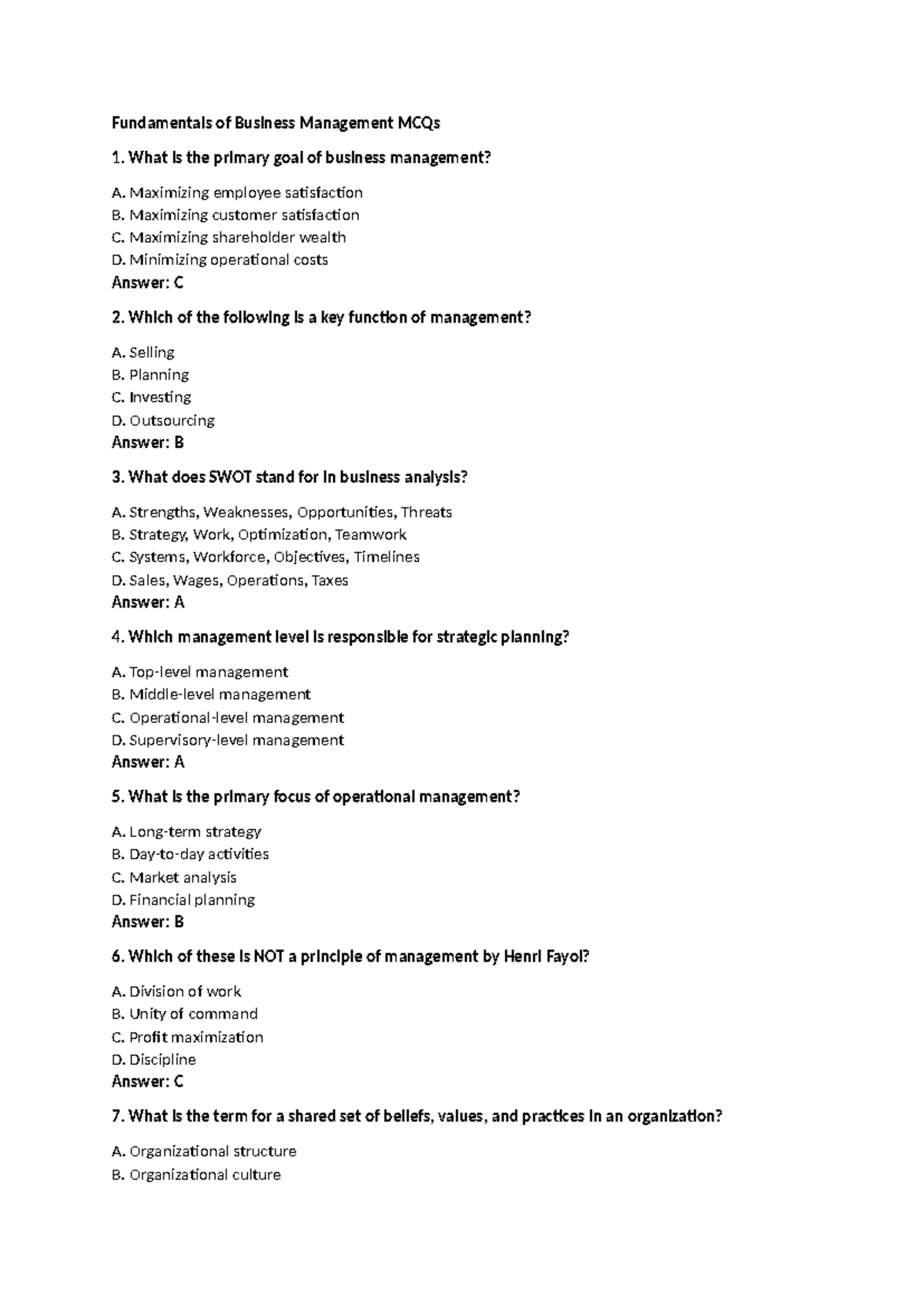 01-MCQ-Fundamentals of Business Management - Maximizing employee ...
