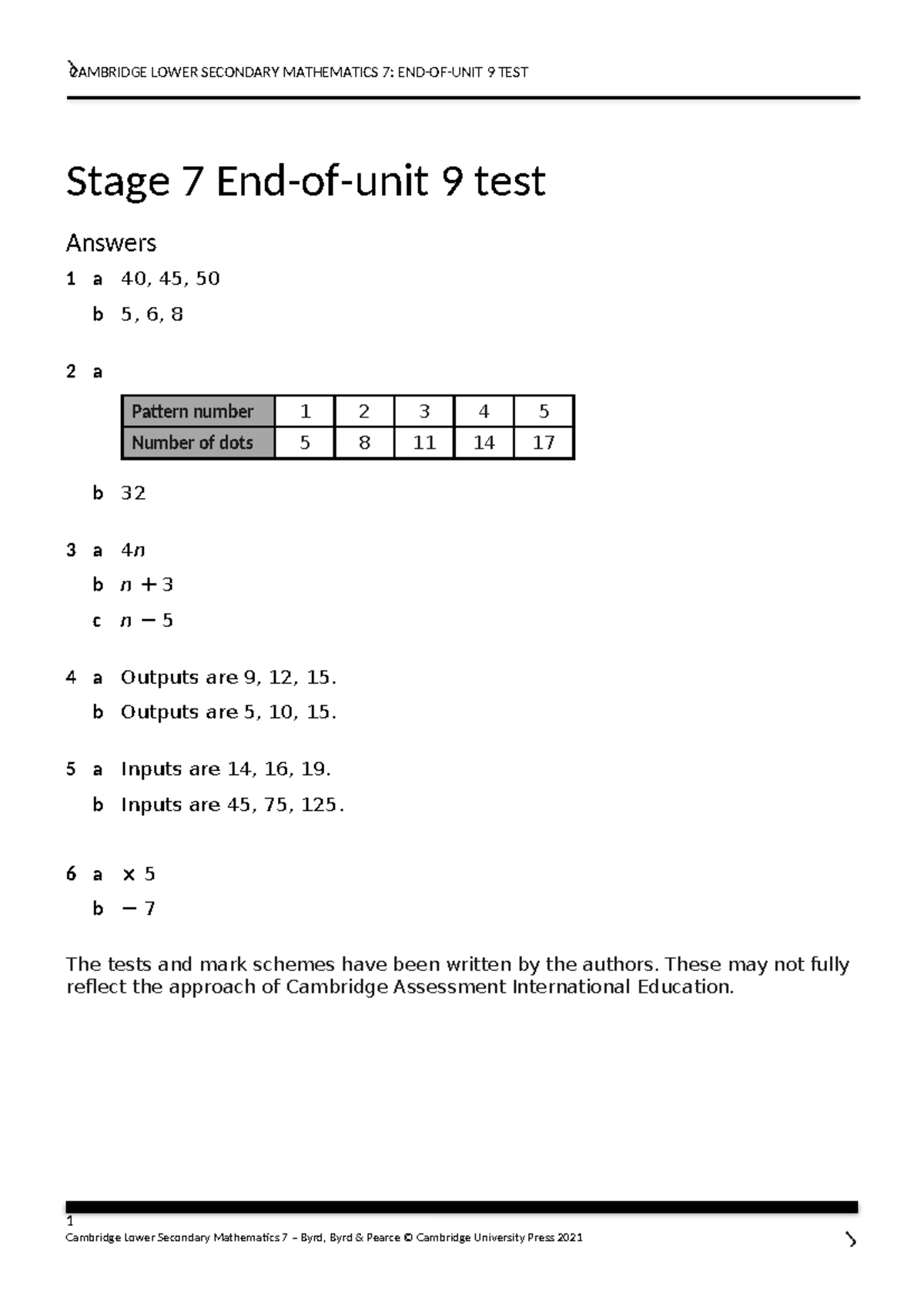 CAMBRIDGE LOWER SECONDARY MATHEMATICS 7: End of Unit 9 Test Answers ...