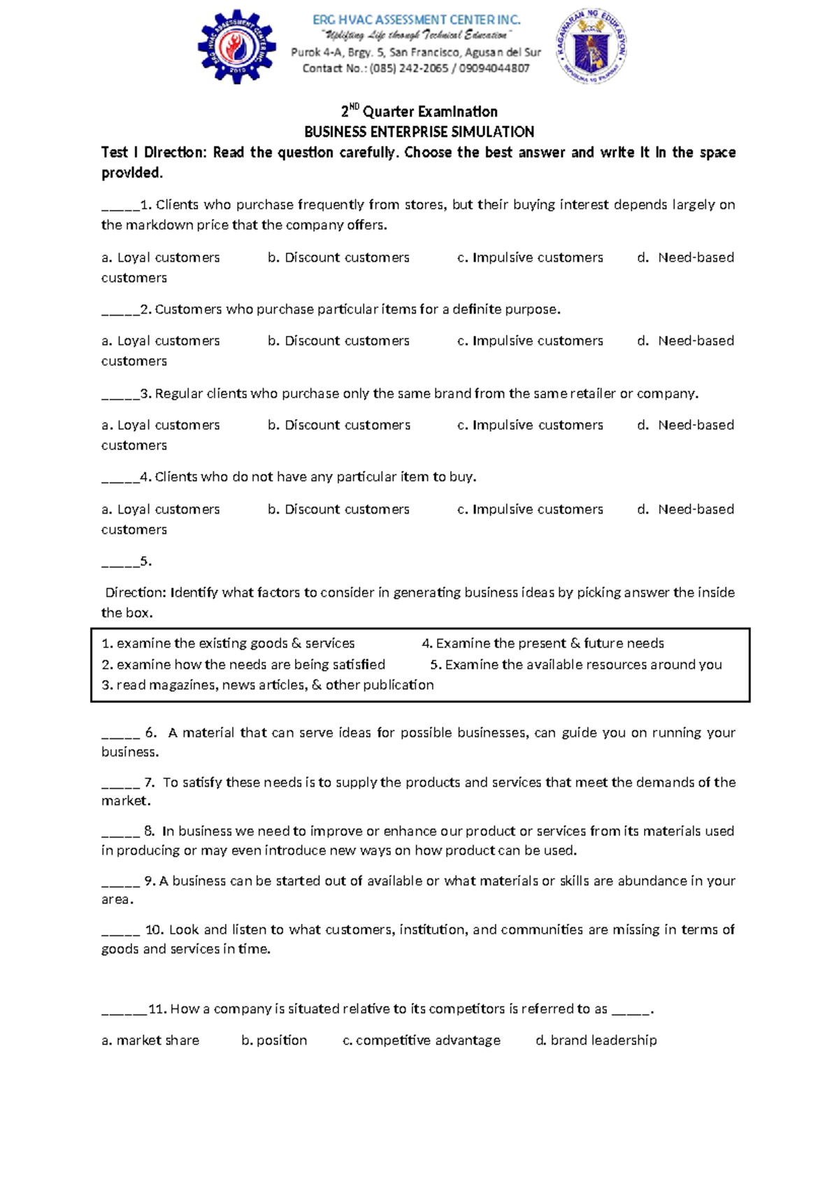 2ND Quarter Business Enterprise - 2 ND Quarter Examination BUSINESS ...
