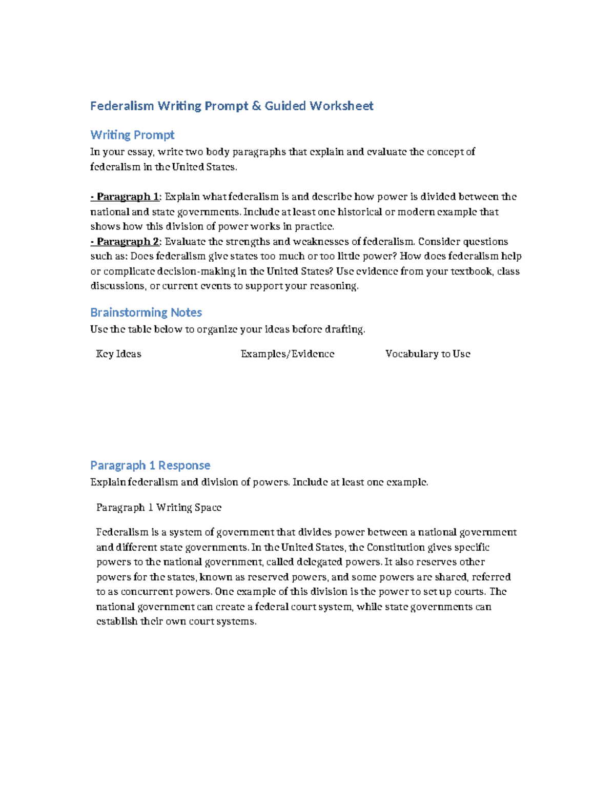 Chapter 4 Federalism Writing Prompt Guided Worksheet - Studocu