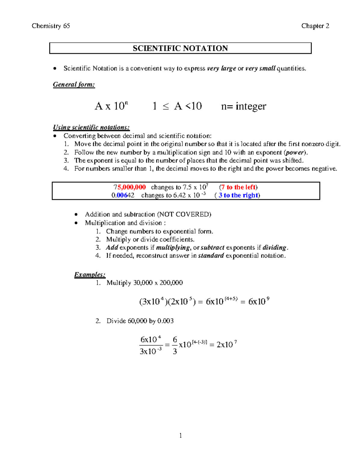 Chemistry 65 Chapter 2: Scientific Notation, Measurements & Density ...