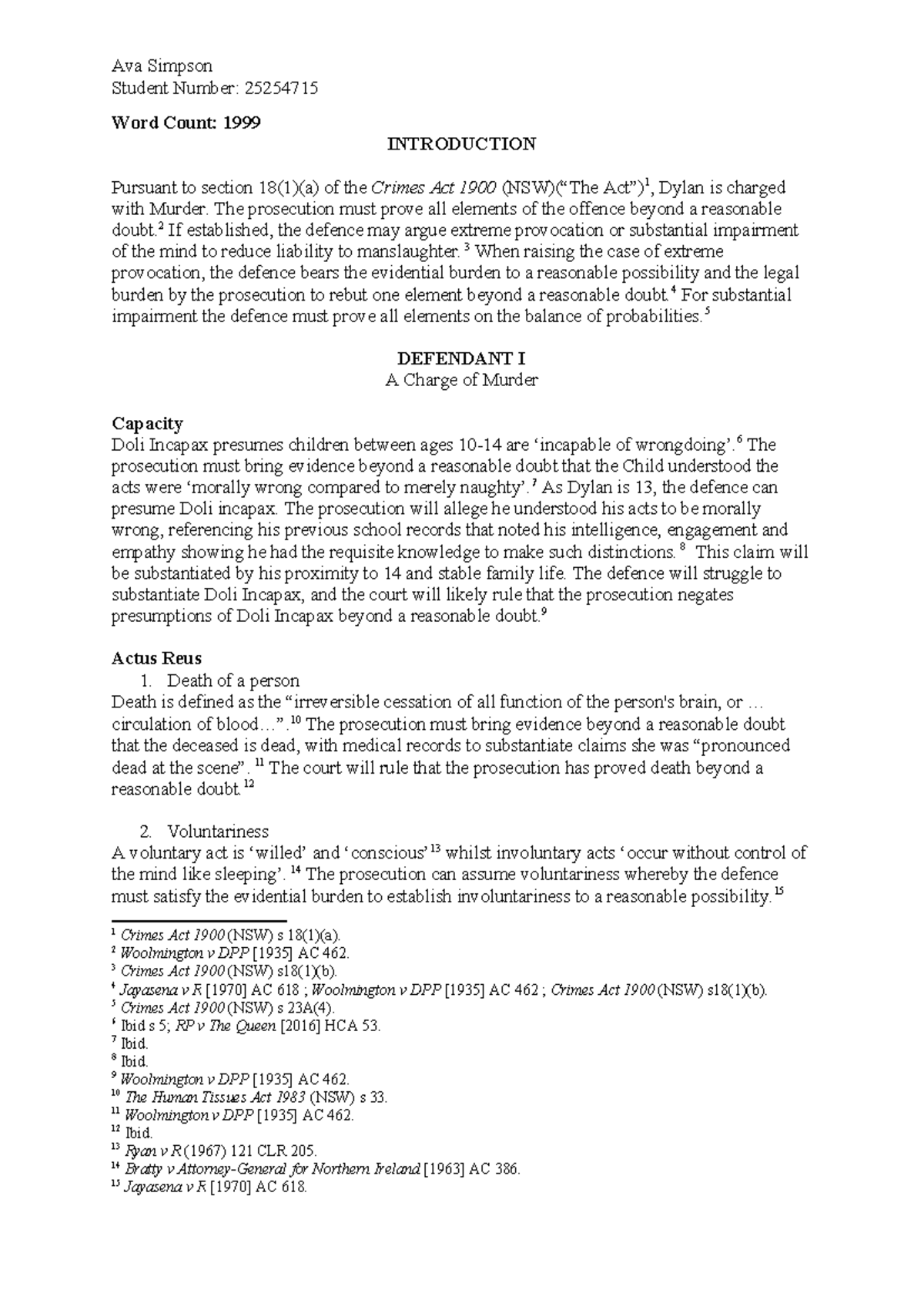 Criminal Law Assignment 1 - Ava Simpson: Murder Case Analysis - Studocu