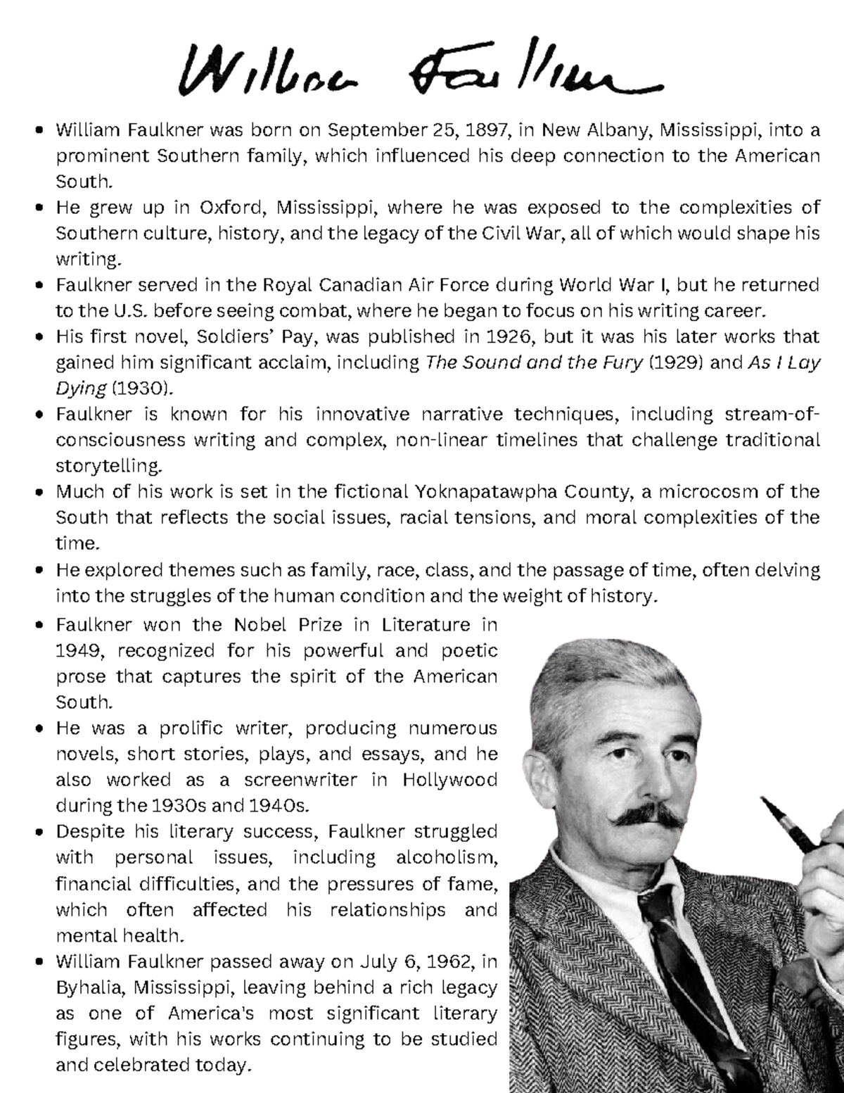 American Lit Course Packet: William Faulkner's Life & Impact - Studocu