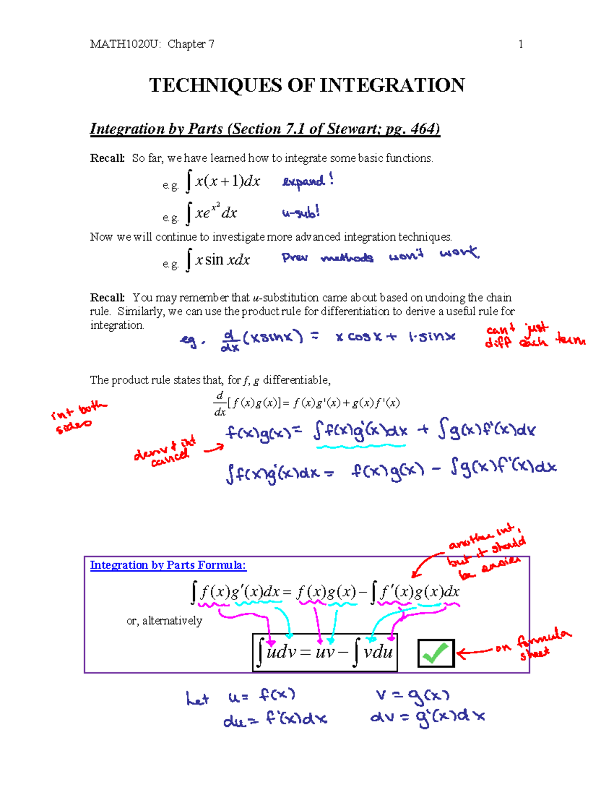 MATH1020U: Chapter 7 - Techniques of Integration Notes - Studocu