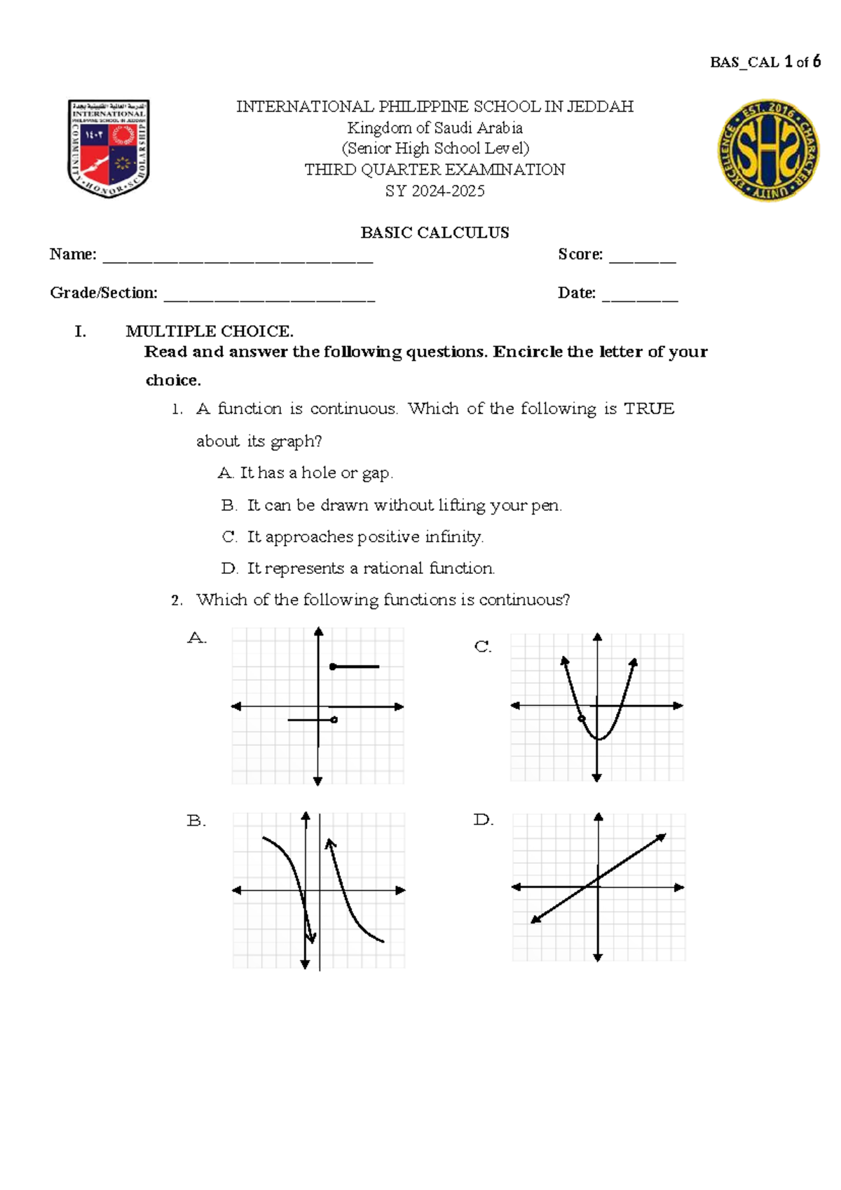 BAS_CAL 3RD QUARTER EXAMINATION SY 2024-2025: BASIC CALCULUS - Studocu