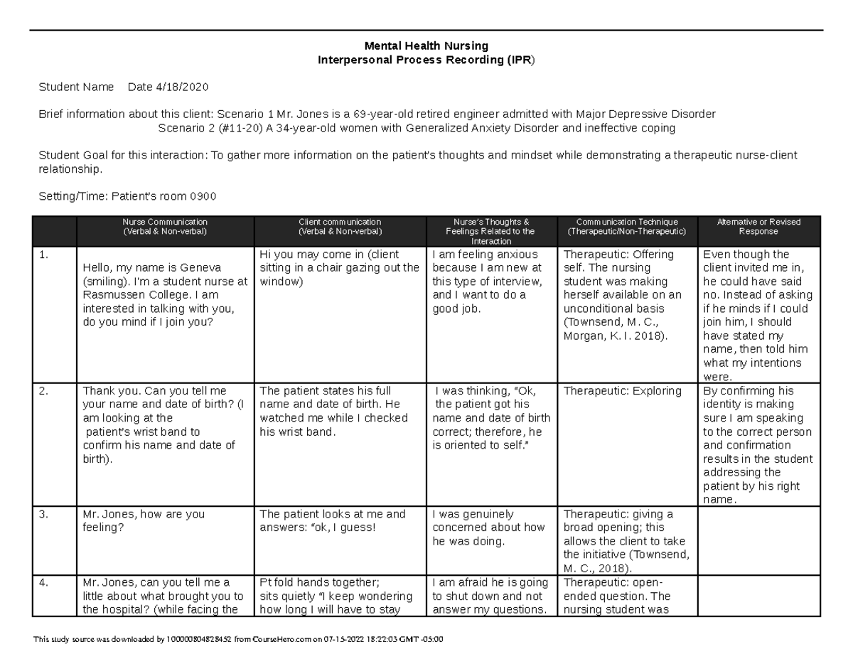 Module 02 Assignment Interpersonal Process Recording IPR - Mental ...