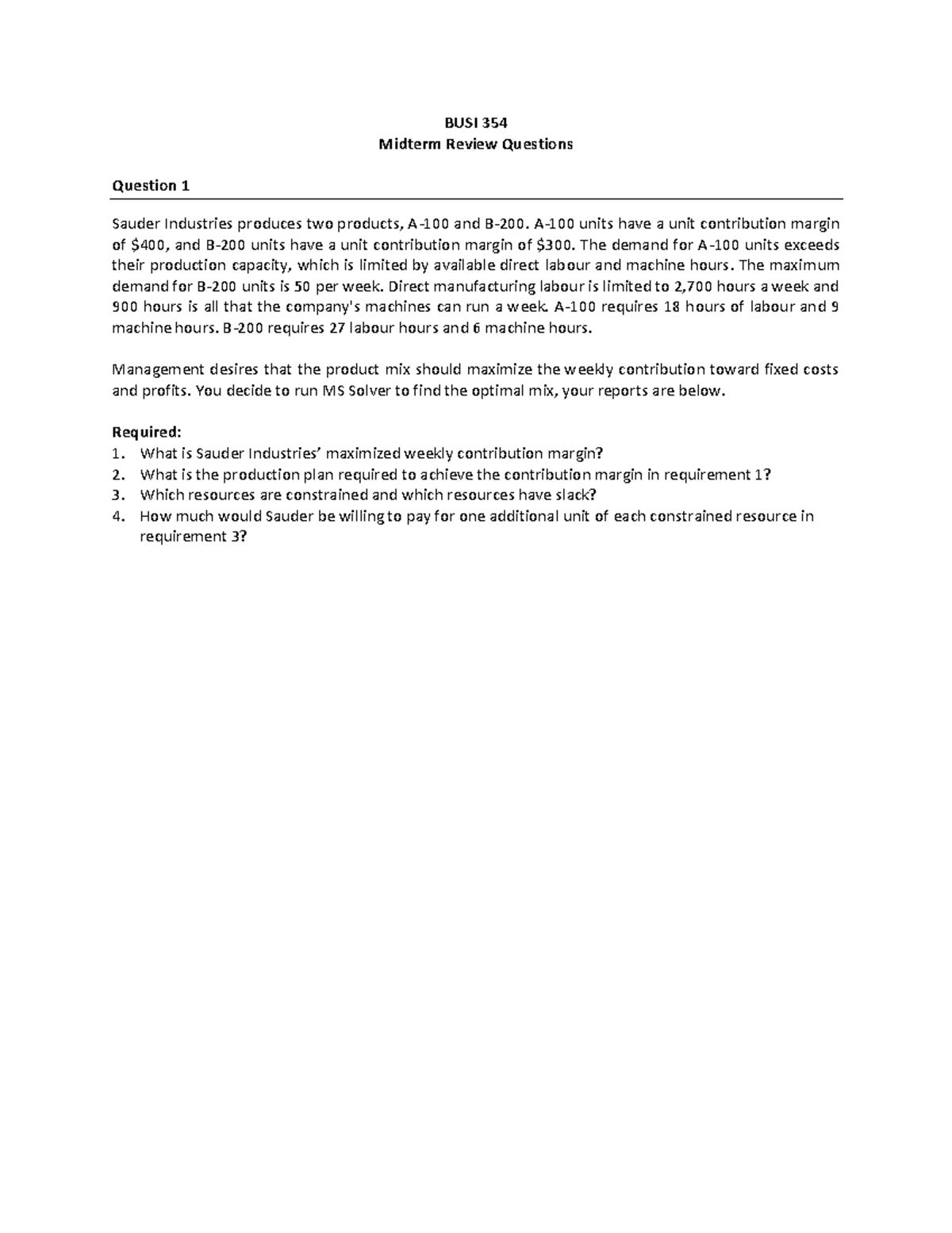 BUSI 354 Midterm 1 Review: Practice Questions and Solutions - Studocu