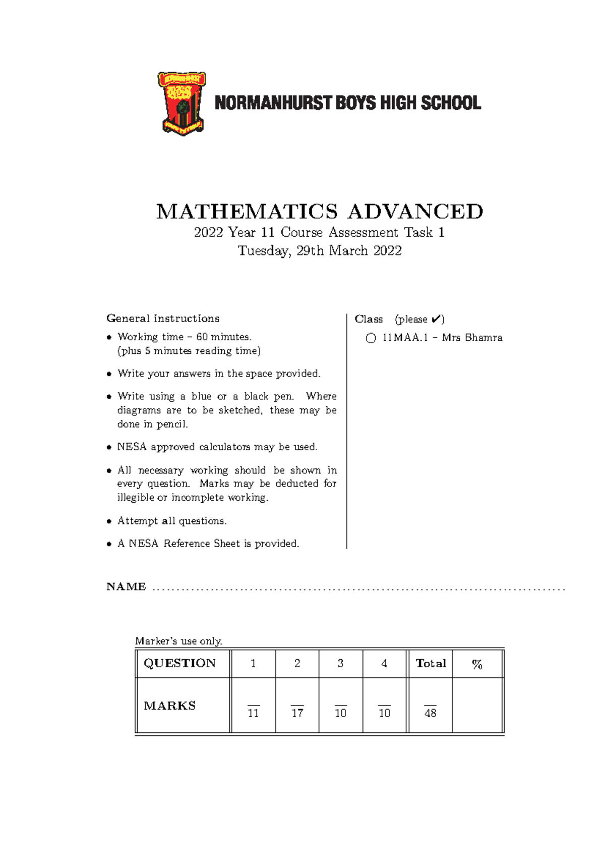 2022 Year 11 - Adv Task 1 Question paper only - MATHEMATICS ADVANCED ...