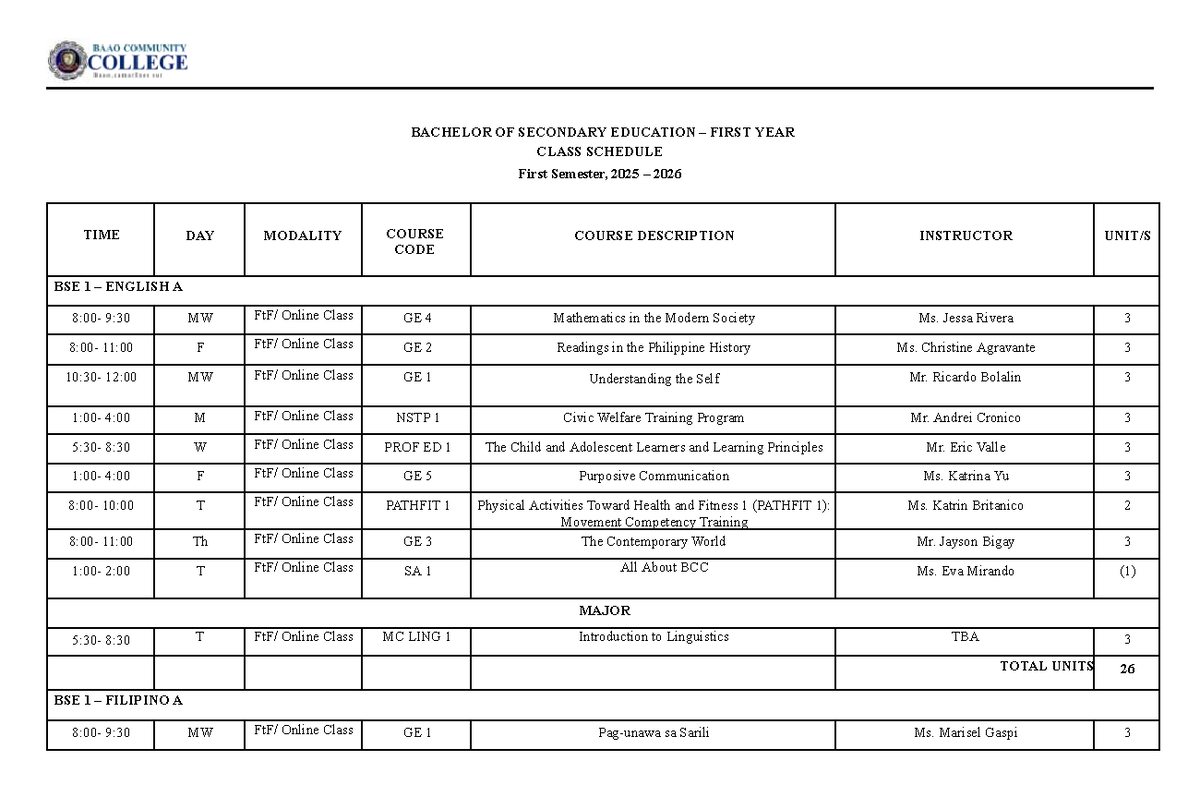 BSE 1 First Year Class Schedule for First Semester 2025-2026 - Studocu