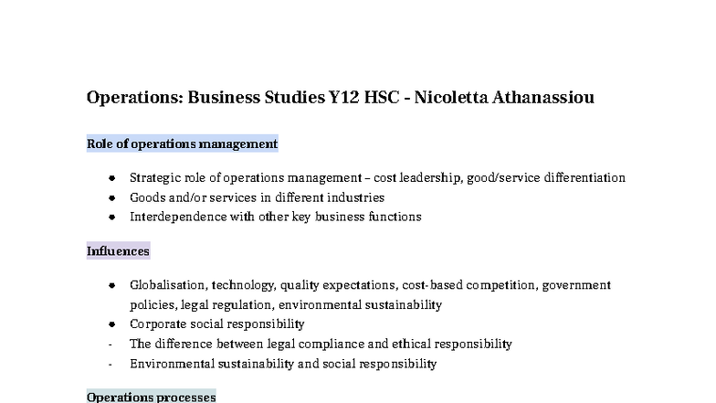 Operations Management Overview: Business Studies Y12 HSC - Studocu