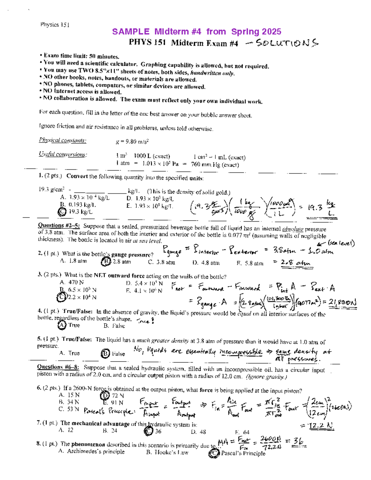 Physics 151 Spring 2025 Midterm Exam Sample Solutions - Studocu