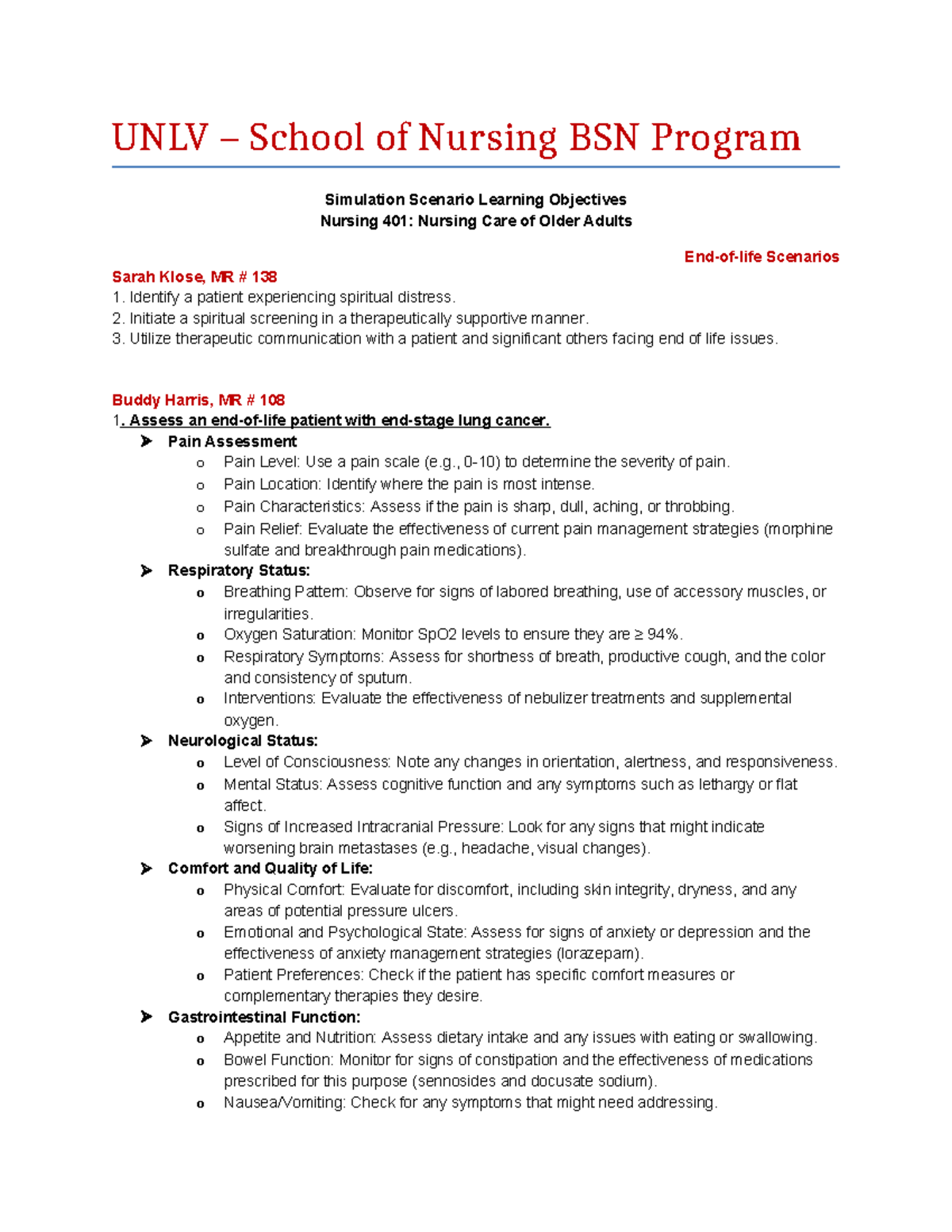 Simulation Objectives for Nursing Care of Older Adults - NURS 401 - Studocu
