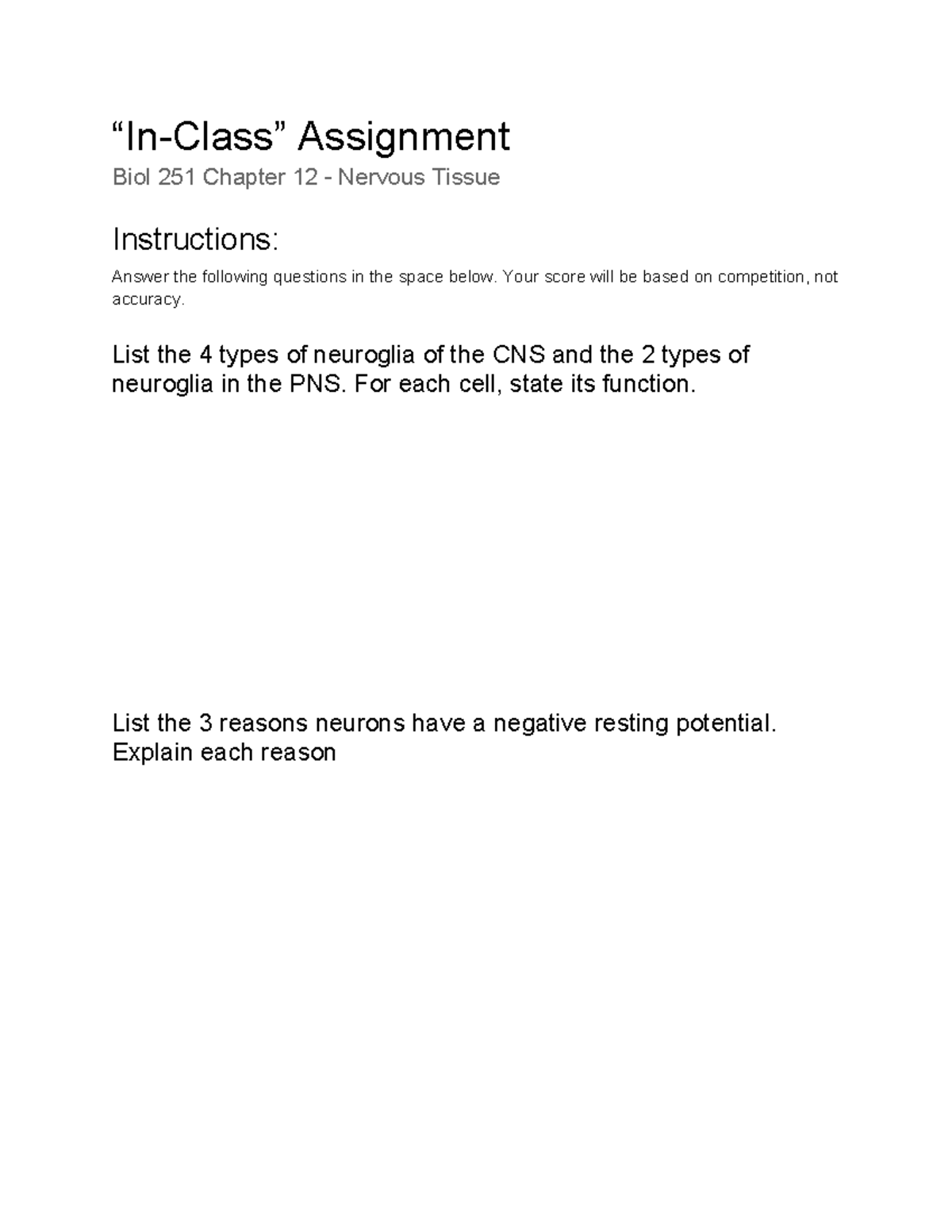 Biol 251 Assignment: Chapter 12 Nervous Tissue Overview - Studocu